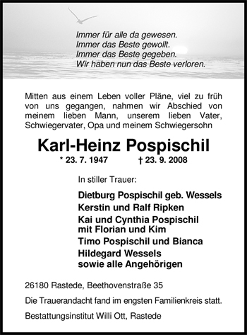 Traueranzeigen von Karl-Heinz Pospischil | nordwest-trauer.de