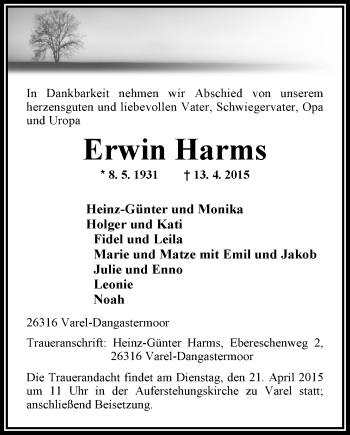 Traueranzeigen von Erwin Harms | nordwest-trauer.de