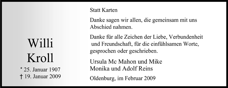 Traueranzeigen von Willi Kroll | nordwest-trauer.de