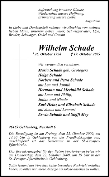 Traueranzeigen von Wilhelm Schade | nordwest-trauer.de