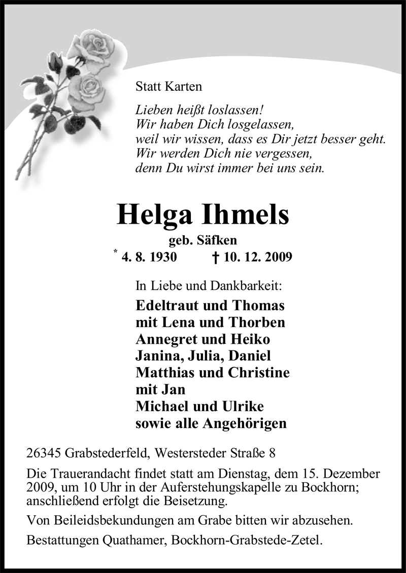 Traueranzeigen von Helga Ihmels | nordwest-trauer.de