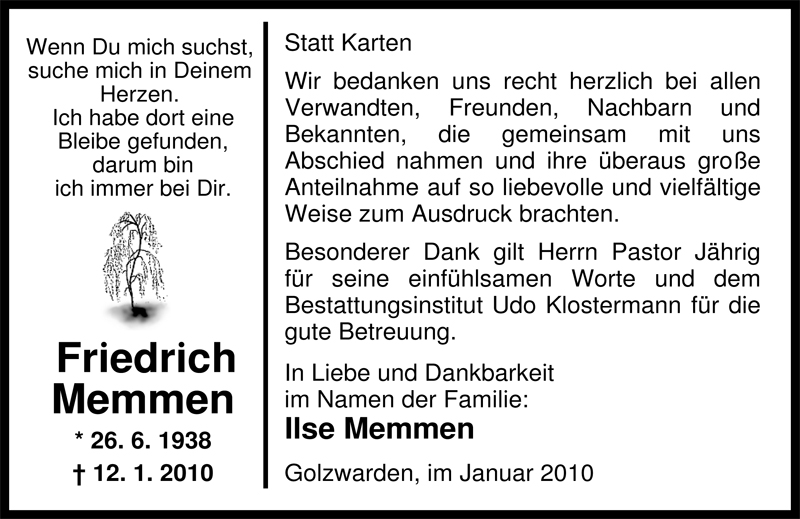 Traueranzeigen von Friedrich Memmen | nordwest-trauer.de