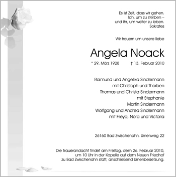 Traueranzeigen von Angela Noack | nordwest-trauer.de
