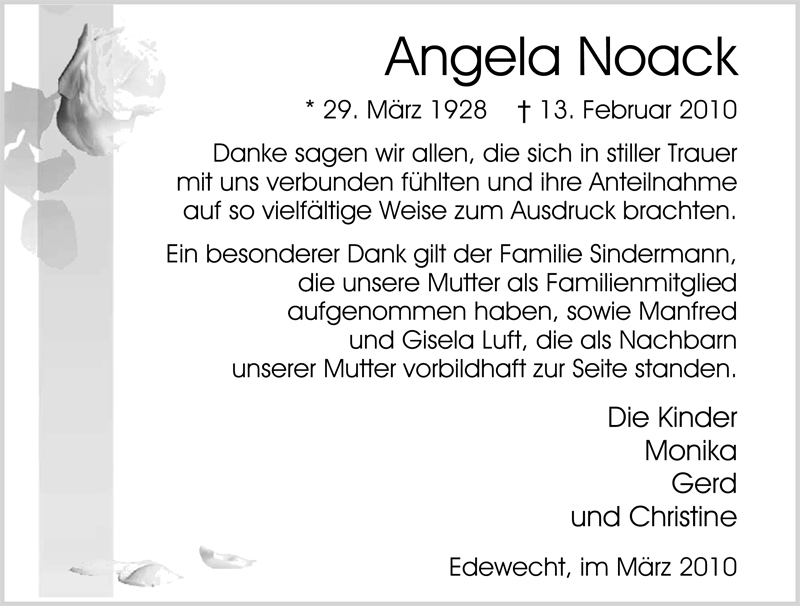 Traueranzeigen von Angela Noack | nordwest-trauer.de