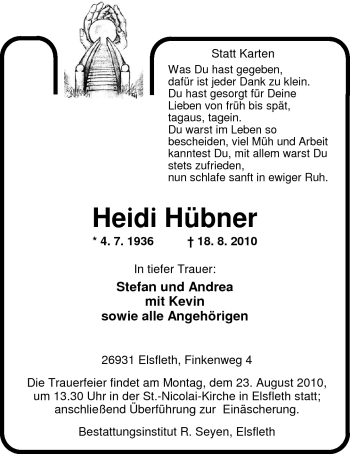 Traueranzeigen von Heidi Hübner | nordwest-trauer.de
