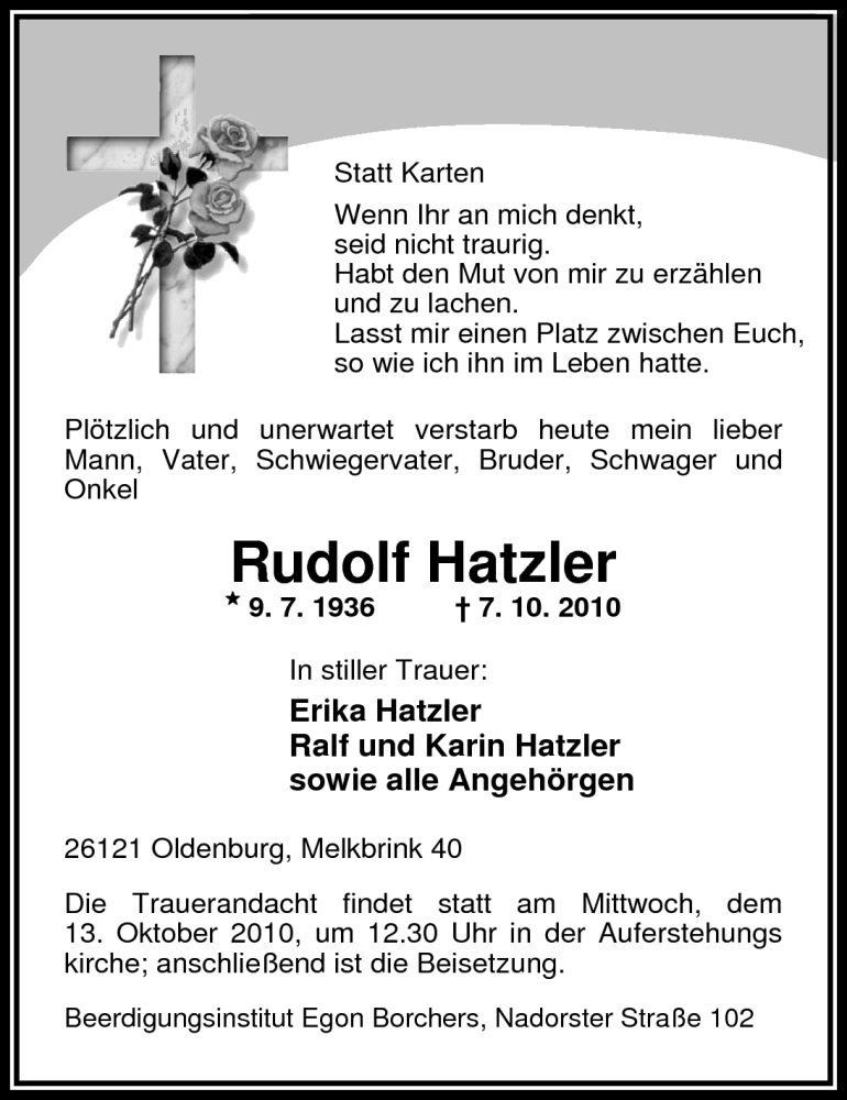 Traueranzeigen von Rudolf Hatzler | nordwest-trauer.de