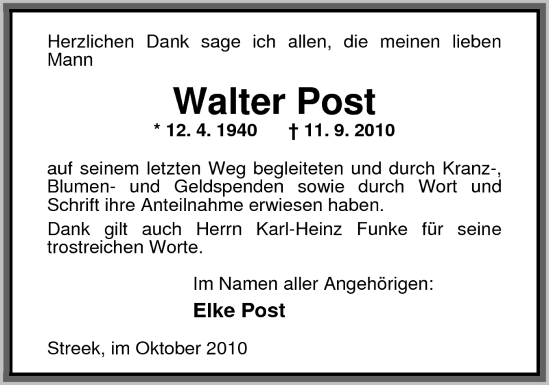Traueranzeigen von Walter Post | nordwest-trauer.de