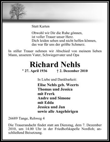 Traueranzeigen von Richard Nehls | nordwest-trauer.de