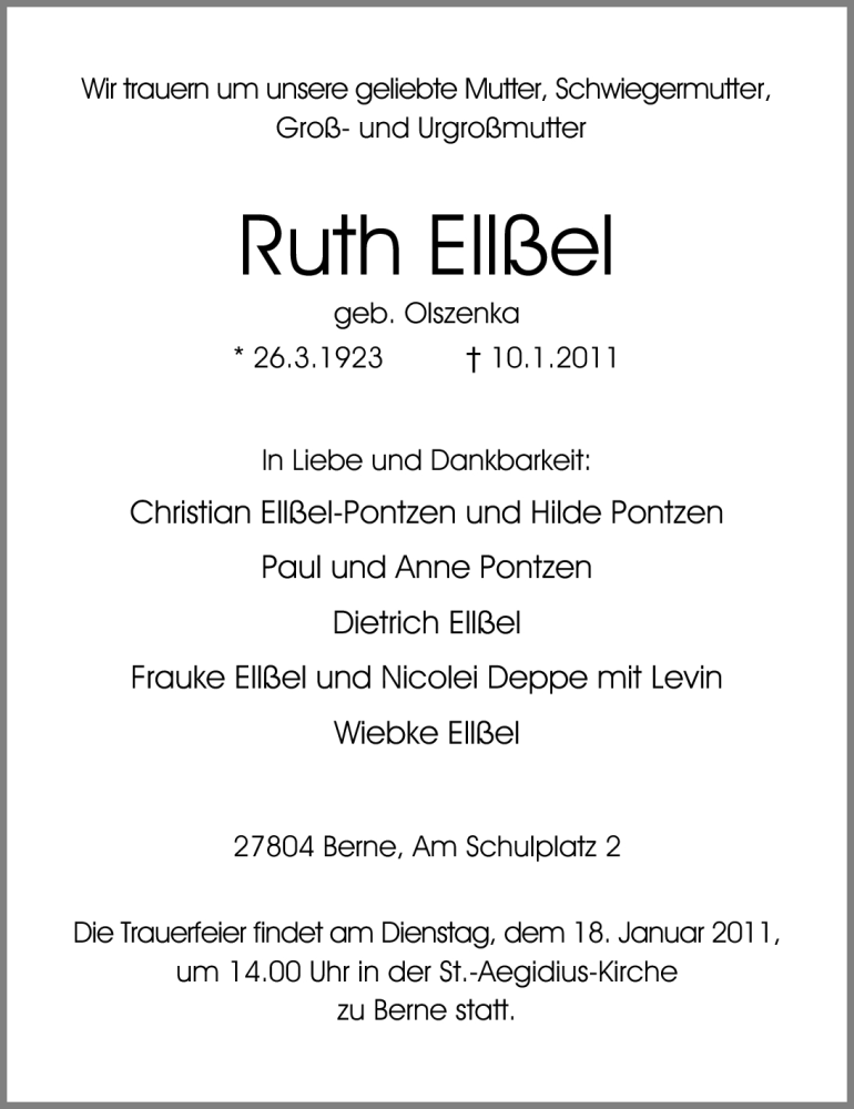 Traueranzeigen von Ruth Ellßel | nordwest-trauer.de