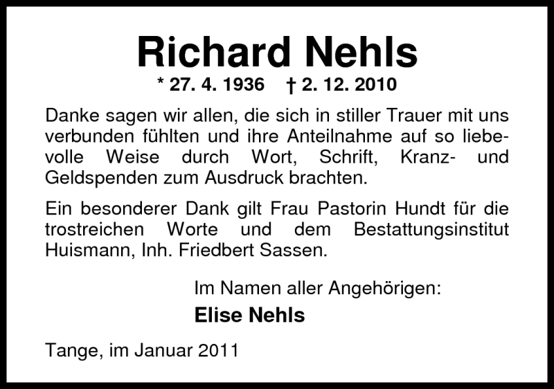 Traueranzeigen von Richard Nehls | nordwest-trauer.de