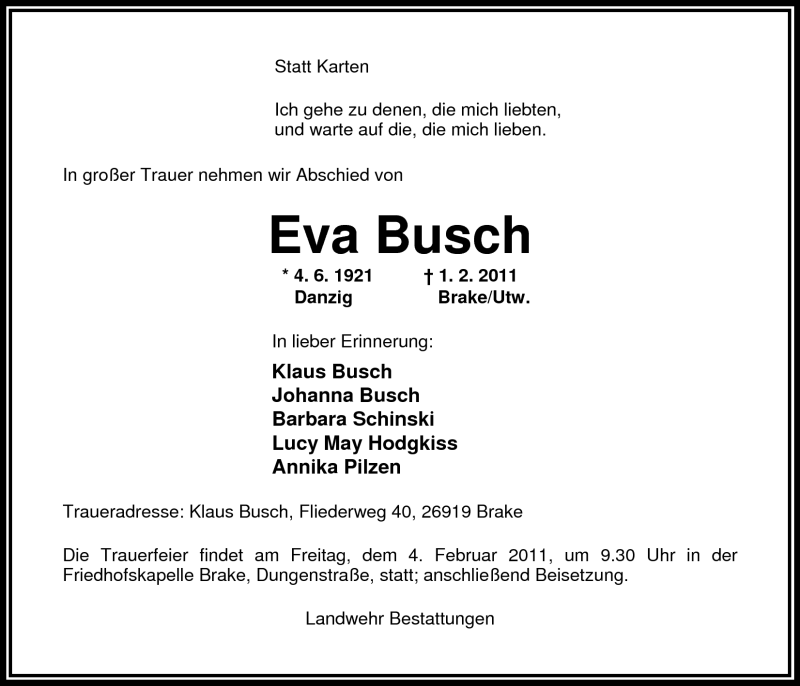 Traueranzeigen von Eva Busch | nordwest-trauer.de
