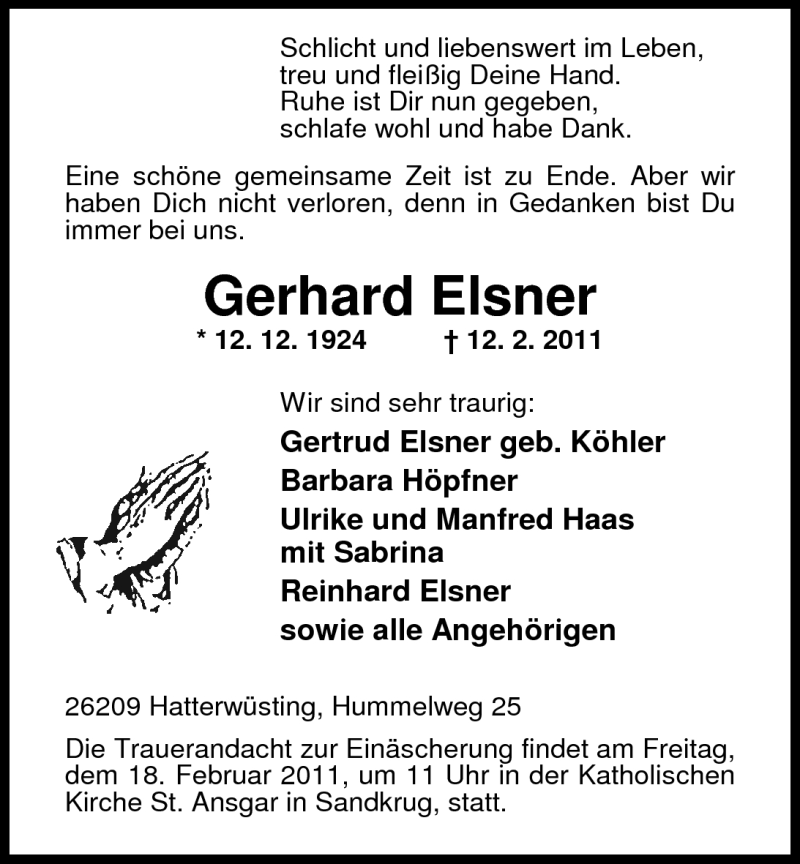 Traueranzeigen von Gerhard Elsner | nordwest-trauer.de