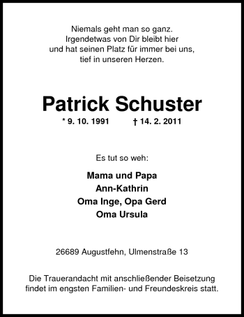 Traueranzeigen von Patrick Schuster | nordwest-trauer.de
