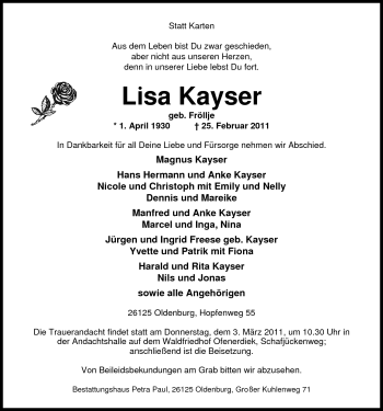 Traueranzeigen von Lisa Kayser | nordwest-trauer.de