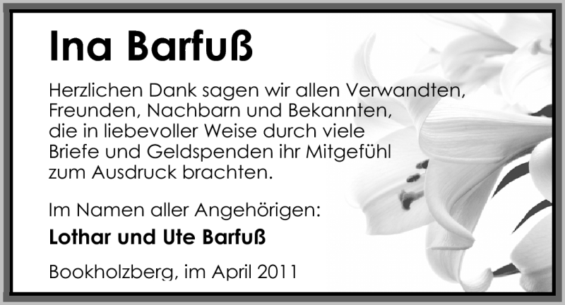 Traueranzeigen von Ina Barfuß | nordwest-trauer.de