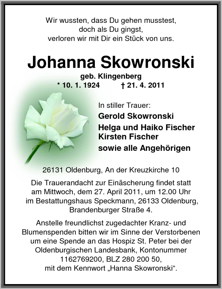 Traueranzeigen von Johanna Skowronski | nordwest-trauer.de Traueranzeigen von Johanna Skowronski | nordwest-trauer.de