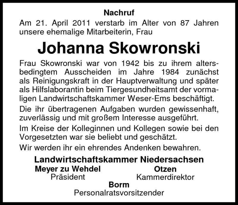 Traueranzeigen von Johanna Skowronski | nordwest-trauer.de Traueranzeigen von Johanna Skowronski | nordwest-trauer.de