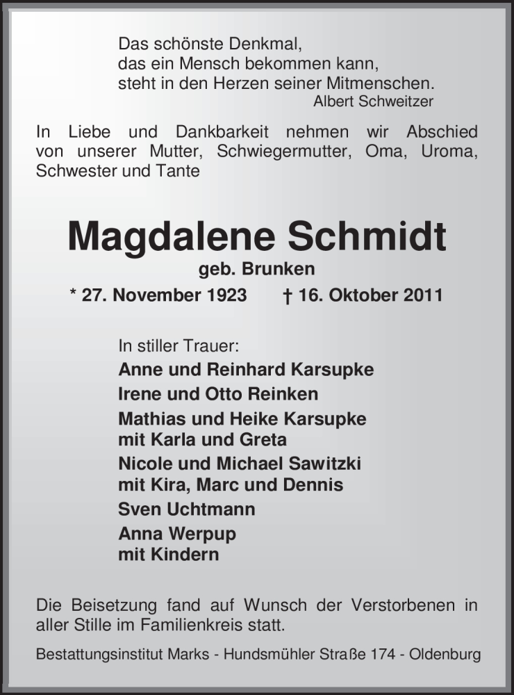 Traueranzeigen von Magdalene Schmidt | nordwest-trauer.de Traueranzeigen von Magdalene Schmidt | nordwest-trauer.de