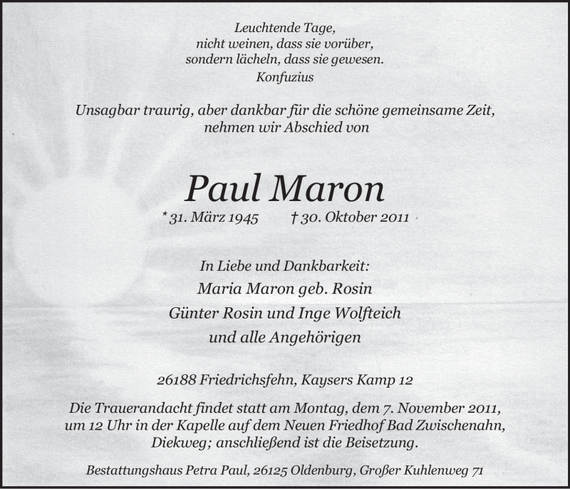 Traueranzeigen von Paul Maron | nordwest-trauer.de