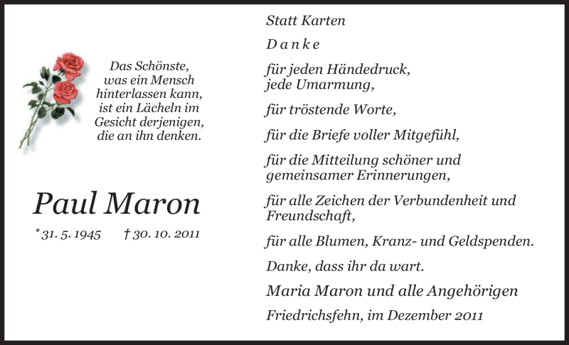 Traueranzeigen von Paul Maron | nordwest-trauer.de