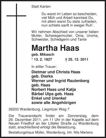 Traueranzeigen von Martha Haas | nordwest-trauer.de
