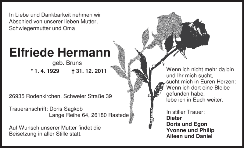 Traueranzeigen von Elfriede Hermann | nordwest-trauer.de