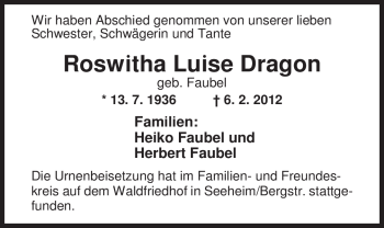 Traueranzeigen von Roswitha Luise Dragon | nordwest-trauer.de