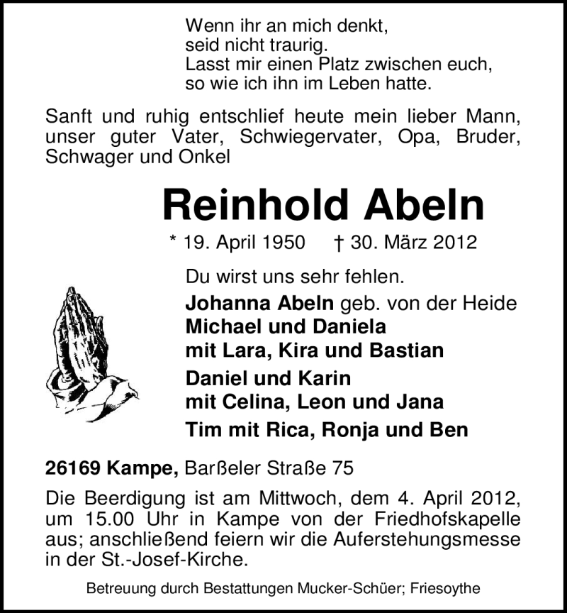 Traueranzeigen von Reinhold Abeln | nordwest-trauer.de