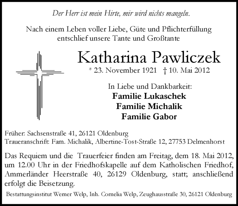 Traueranzeigen von Katharina Pawliczek | nordwest-trauer.de
