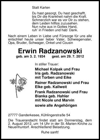 Traueranzeigen von Erwin Radzanowski | nordwest-trauer.de