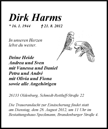 Traueranzeigen von Dirk Harms | nordwest-trauer.de