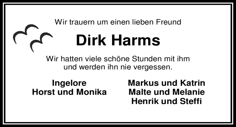 Traueranzeigen von Dirk Harms | nordwest-trauer.de