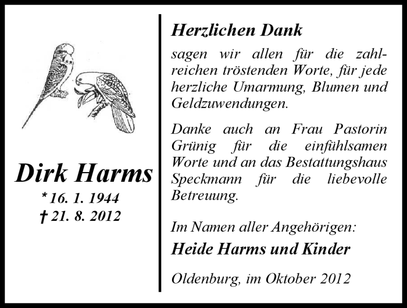 Traueranzeigen von Dirk Harms | nordwest-trauer.de
