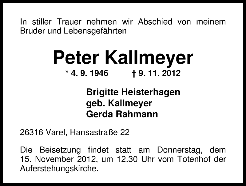 Traueranzeigen von Peter Kallmeyer | nordwest-trauer.de