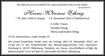 Traueranzeigen von Hans-Werner Ehrig | nordwest-trauer.de