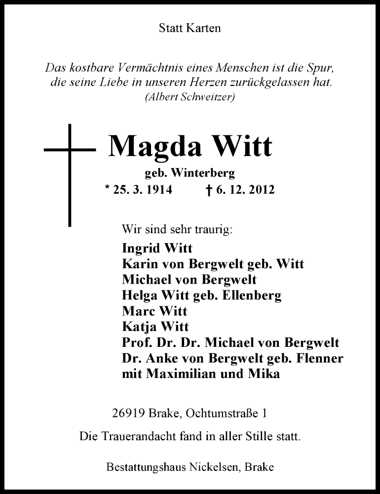 Traueranzeigen von Magda Witt | nordwest-trauer.de