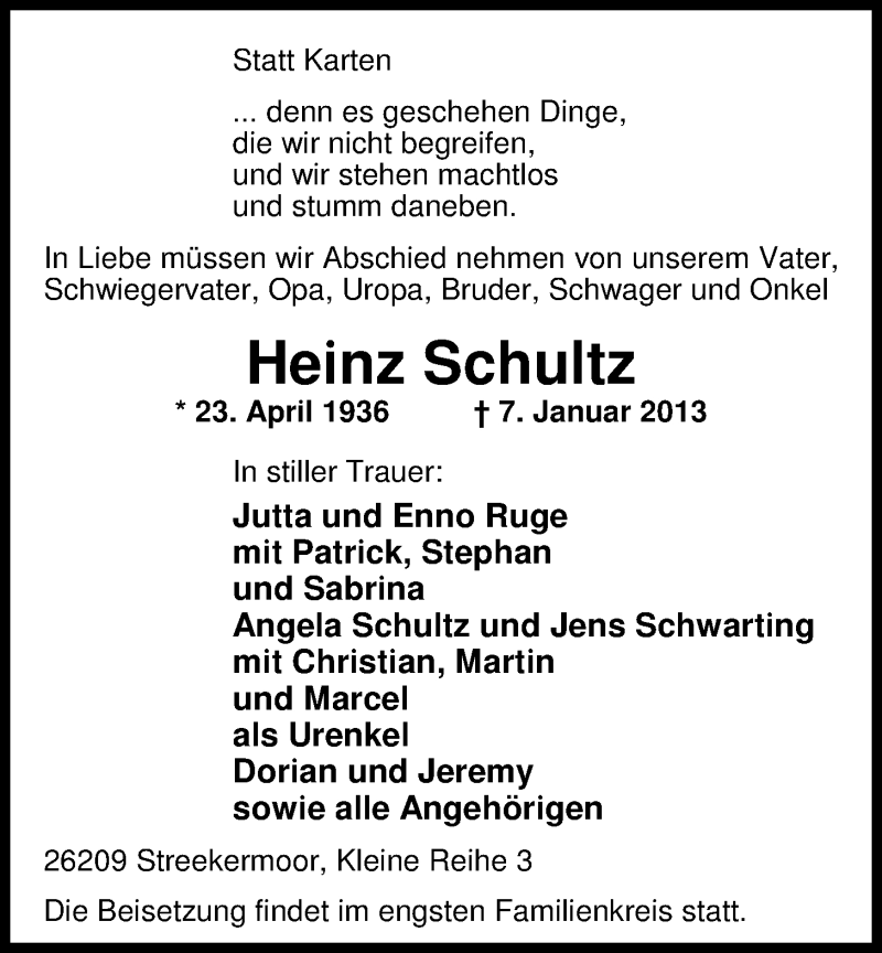 Traueranzeigen von Heinz Schultz | nordwest-trauer.de