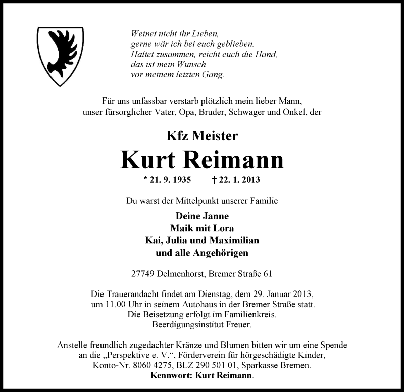 Traueranzeigen von Kurt Reimann | nordwest-trauer.de
