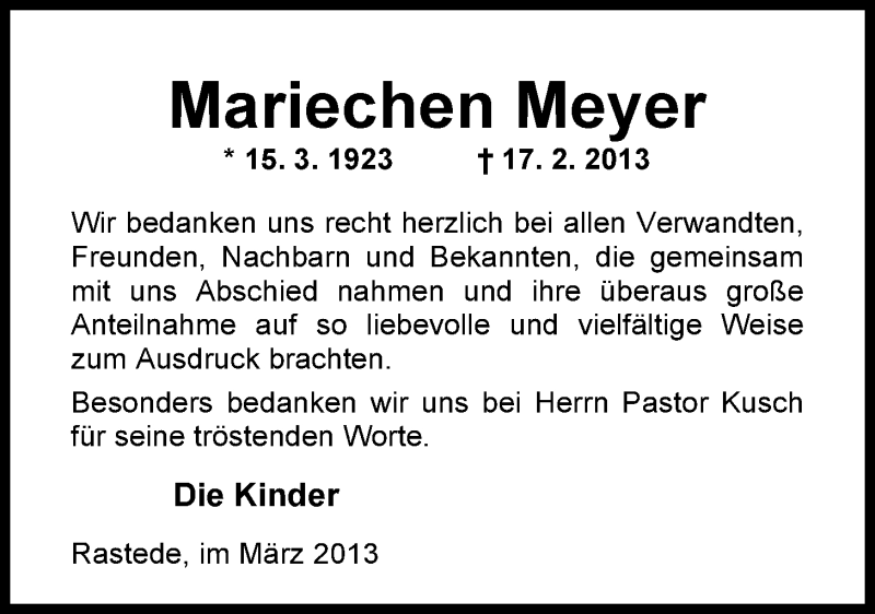 Traueranzeigen von Mariechen Meyer | nordwest-trauer.de