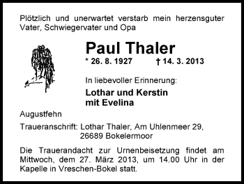 Traueranzeigen von Paul Thaler | nordwest-trauer.de