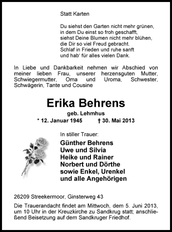 Traueranzeigen von Erika Behrens | nordwest-trauer.de