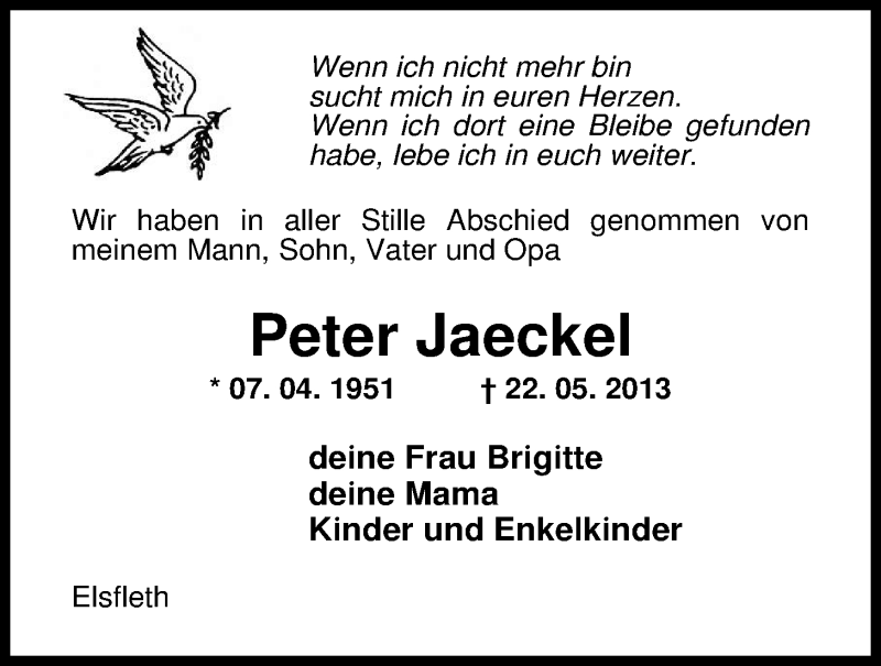 Traueranzeigen von Peter Jaeckel | nordwest-trauer.de