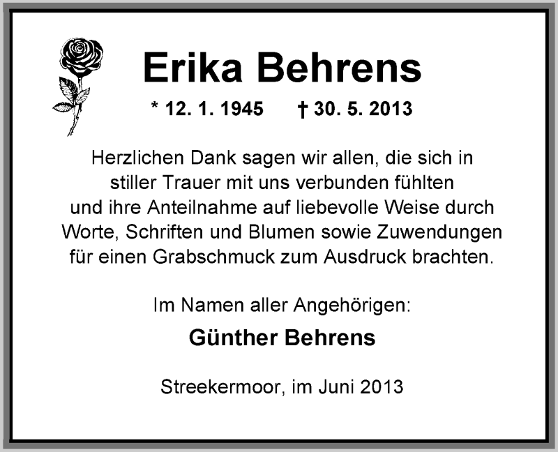 Traueranzeigen von Erika Behrens | nordwest-trauer.de