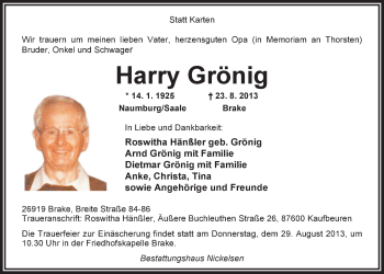 Traueranzeigen von Harry Grönig | nordwest-trauer.de