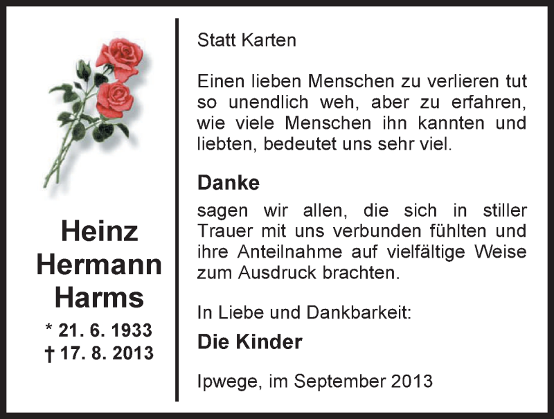 Traueranzeigen von Heinz Hermann Harms | nordwest-trauer.de