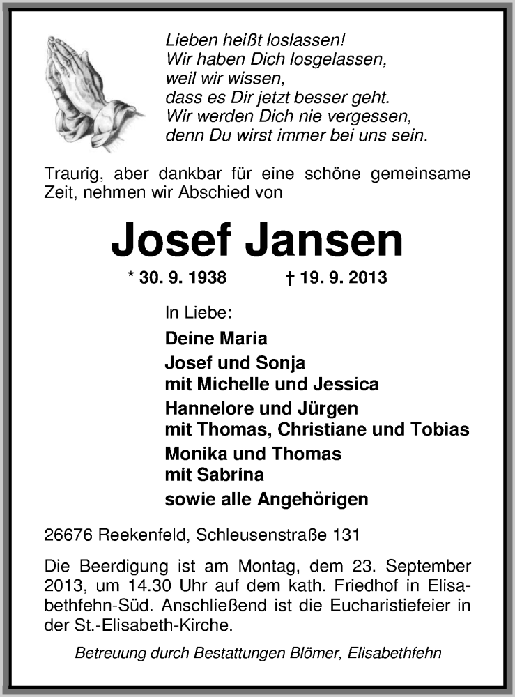 Traueranzeigen von Josef Jansen | nordwest-trauer.de