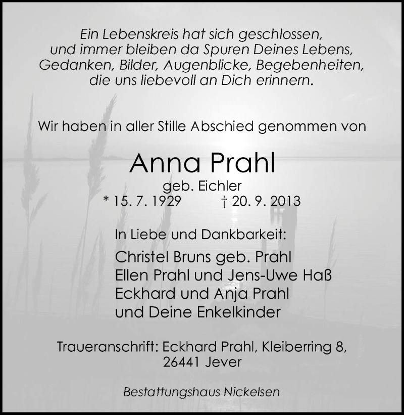Traueranzeigen von Anna Prahl | nordwest-trauer.de
