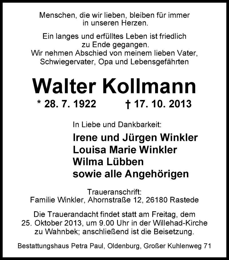Traueranzeigen von Walter Kollmann | nordwest-trauer.de