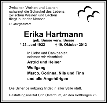 Traueranzeigen von Erika Hartmann | nordwest-trauer.de