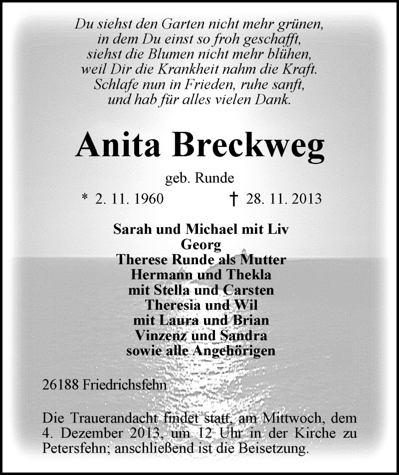 Traueranzeigen von Anita Breckweg | nordwest-trauer.de